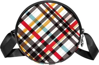 Generic Sac &agrave; bandouli&egrave;re rond pour femme, petit sac &agrave; bandouli&egrave;re color&eacute; &agrave; carreaux avec fermeture &eacute;clair, bretelles r&eacute;glables, sac &agrave; main rond d&eacute;contract&eacute; p