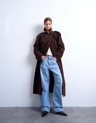 Topshop Longline-Trenchcoat aus Wildlederimitat in Schokobraun mit Oversize-Schnitt-Brown