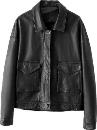 Generic Veste en cuir noir à simple boutonnage décontracté court en peau de mouton pour femme, Noir, XL