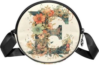 Generic Petit sac &agrave; bandouli&egrave;re circulaire pour femme, motif floral avec lettre E, sac &agrave; dos avec fermeture &eacute;clair, bretelles r&eacute;glables, sac &agrave; main rond d&eacute;con