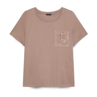 Fiorella Rubino Baumwoll-T-Shirt mit H&auml;kel-Tasche und Pailletten - - Tops - Damen - Braun - XS