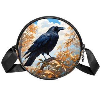 Generic Sac &agrave; bandouli&egrave;re rond pour femme, petit sac &agrave; bandouli&egrave;re avec fermeture &eacute;clair, bretelles r&eacute;glables, style d&eacute;contract&eacute;, motif corbeau