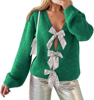 Generic Cardigan pour femme avec noeud &agrave; paillettes, manteau tricot&eacute; ouvert sur le devant, manches longues, col en V, m&eacute;lange de coton, Vert, XXL