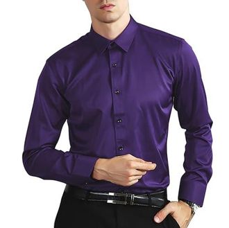Generic Chemise en satin pour homme - Coupe ajust&eacute;e - Chemise de costume avec bouton Down - Chemise de travail avec col rabattu - Chemise de loisirs &eacute;l&eacute;gante 