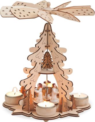 Matches 21 Weihnachtspyramide 1-stöckig Tannenbaum & Engel - 27 cm Holz Teelichthalter Tischdeko