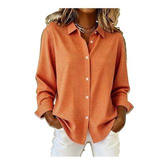 Generic Chemisier d&eacute;contract&eacute; &agrave; carreaux pour femme - Couleur contrast&eacute;e - Automne et hiver - R&eacute;tro - Imprim&eacute; &agrave; carreaux, Orange, 3XL