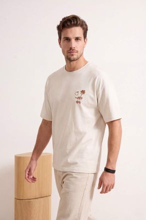 Trendyol MAN Herren Ecru Landschaftsprint Kurz Oversize T-Shirts
