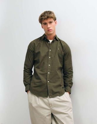 Polo Ralph Lauren St&uuml;ckgef&auml;rbtes Oxford-Hemd in Dunkelgr&uuml;n mit schmalem Schnitt und Markenlogo