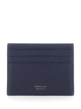 Ferragamo Mens Card Holder Grained Leather Blue Calf Accessory