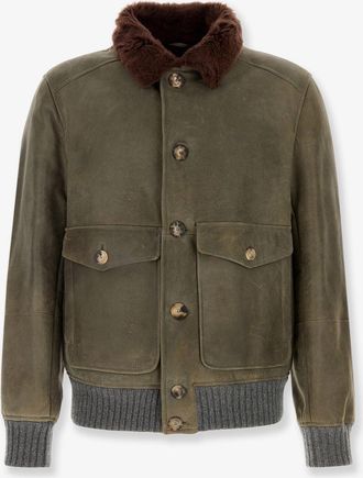 Brunello Cucinelli Waxed shearling bomber jacket with shearling collar - BRUNELLO CUCINELLI - gender_Man