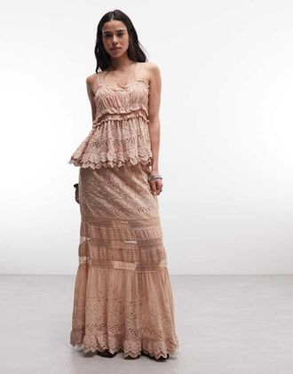 AllSaints Camille - Gerafftes Camisole-Oberteil aus glitzernder Spitze in Rosa, Kombiteil