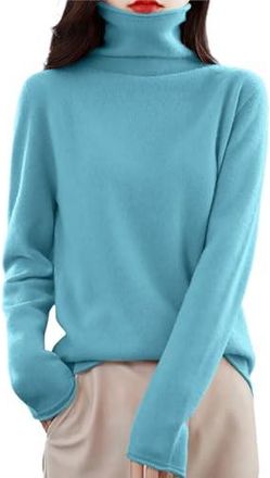 Generic 2026 Printemps Femmes Pull Hiver Chaud Tricot Col Roul&eacute; Haut Doux Laine M&eacute;lang&eacute;e Manches Longues Slim Fit Casual pour Femme, bleu ciel, XXL