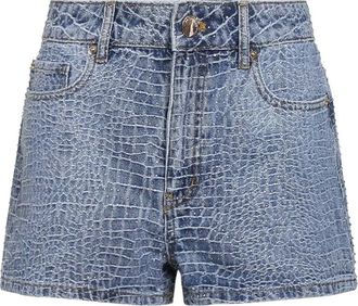 Self Portrait Femme, Shorts, Bleu, Taille: W27 Rhinestone Croc Effect Denim Shorts