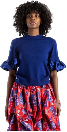 Comme Des Gar&ccedil;ons Femme, Blouses et Chemises, Bleu, Taille: 40 FR Haut en Tricot avec Volants Pliss&eacute;s en Satin