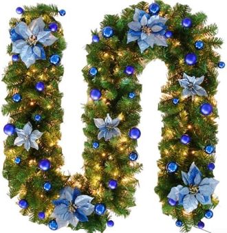 Generic Guirlande de No&euml;l 2,7 m rouge et dor&eacute; en plastique imperm&eacute;able pour int&eacute;rieur ou ext&eacute;rieur, maison, jardin, fleur rose, d&eacute;coration de No&euml;l (bleu)