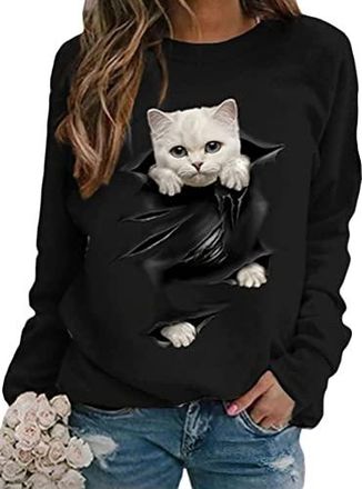 Onsoyours Femme Pull Mode Chat Imprim&eacute; Animal Imprim&eacute; 3D Motif de Chat Sweat col Rond &Agrave; Manches Longues Color Block Patchwork Tops Blouse Style-6 XL