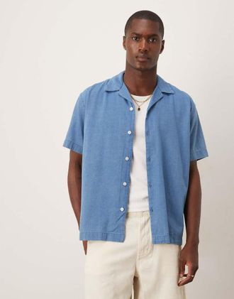 Selected Homme - Jeanshemd aus 100% Baumwolldenim in mittelblauer Waschung mit Reverskragen