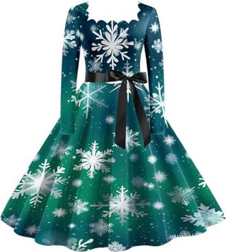Generico Robe de cocktail pour fête avec sangle festive Robes de Noël pour femme Classique à manches longues avec ceinture trapèze, bleu, XX-Large
