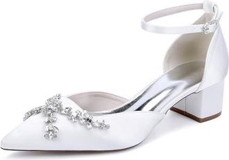 Minitoo Chaussures de soirée sexy pour femme - Talon épais - Escarpins de mariage avec strass, M334 Blanc Talon 4 5 cm, 41.5 EU
