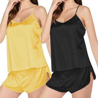 Generic Ensemble de pyjama 4 pièces pour femme, ensemble de pyjama en satin de soie, ensemble de pyjama court pour femme, 2 hauts, 2 shorts, ensemble de vêtem