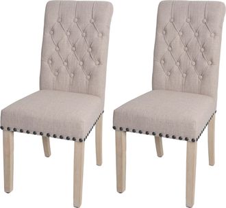 Mendler 2er-Set Esszimmerstuhl HWC-O66, Küchenstuhl Polsterstuhl, Chesterfield Nieten Stoff/Textil - beige