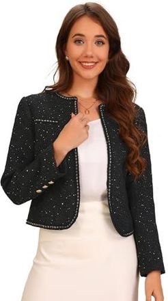 Allegra K Veste en Tweed Femme à Manches Longues Devant Ouvert Blazer à Paillettes Décontracté Vêtement dExtérieur Blouson Court de Bureau Noir XL