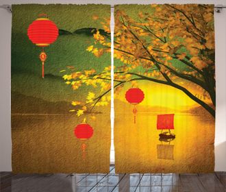 Abakuhaus Laterne Rustikaler Gardine, Traditionelles Chinesisch, Schlafzimmer Kr&auml;uselband Vorhang mit Schlaufen und Haken, 280 x 225 cm, Blasse Erdegelb