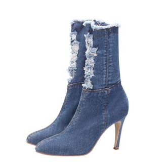 Holibanna Bottes Femme en Denim Stretch Automne Hiver Talon Fin Ultra-Haut 41 Bottines Polyvalentes et Confortables Semelle Antidérapante en Caoutchouc Doublure