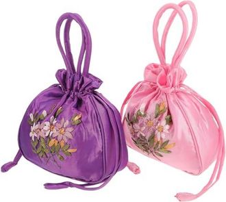 BESPORTBLE Lot de 2 Pochettes Brod&eacute;es pour Femme Paquet &agrave; Main &agrave; Cordon en Tissu Polyester Petit Cabas Ethnique Violet et Rose Paquet D&eacute;contract&eacute; pour Sorties et