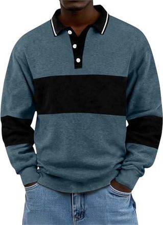Generic Polo &agrave; manches longues en coton pour homme - &Eacute;l&eacute;gant - T-shirt ample - Imprim&eacute; blocs de couleurs - Chemise &agrave; col avec boutonni&egrave;re - Haut confortable, 