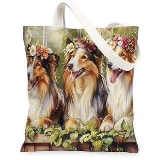 Generic Sac fourre-tout en toile motif chien de Collie de printemps pour faire du shopping, 33 x 38,1 cm, sac r&eacute;utilisable &agrave; motif imprim&eacute; de plantes en pot p