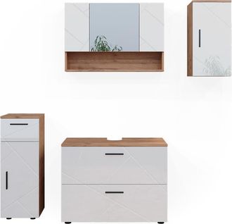 Vicco Badmöbel-Set Weiß Hochglanz/Goldkraft Eiche Irma, bestehend aus Bad Spiegelschrank, Waschbeckenunterschrank, Midischrank, Hängeschrank - Versteckter S
