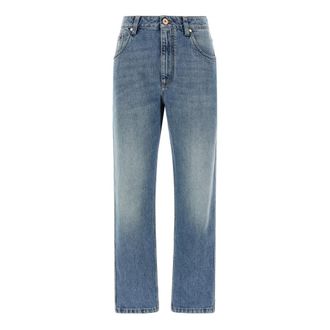 Brunello Cucinelli Femme, Jeans, Bleu, Taille: 36 FR Jean Droit Mi-Montant avec &Eacute;cusson Logo