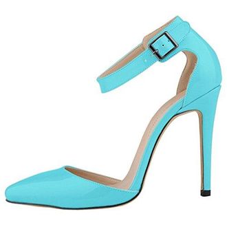 Minetom Femme &Eacute;l&eacute;gant Escarpins Sandale Jeune Mari&eacute;e Cheville Boucle Vernis PU Cuir Bout Pointu Talon Aiguille Chaussure de Soir&eacute;e Mariage Bureau Bleu Clair E