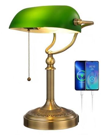 Newrays Lampe de bureau en verre vert avec interrupteur &agrave; cha&icirc;ne, port de charge rapide USB