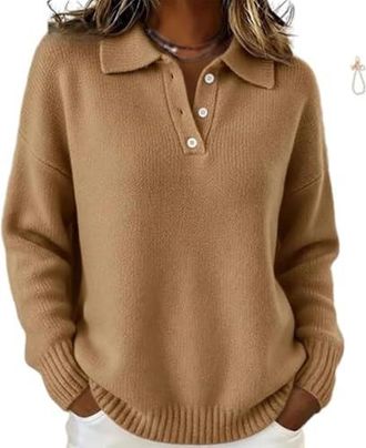 Generic Pull classique &agrave; col en V boutonn&eacute; pour femme - Couleur unie - Automne et hiver, kaki, XXL