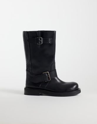 Asos Calamity Biker-Kniestiefel zum Hineinschl&uuml;pfen aus schwarzem Leder