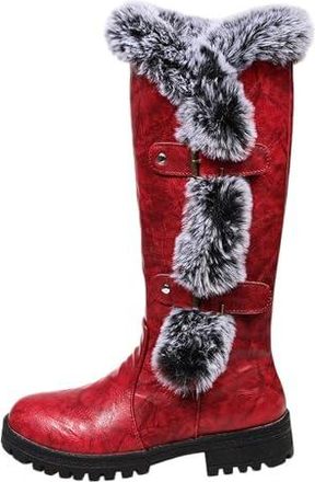 Generic Bottes dHiver Femme Cuir &Agrave; Bout Rond Talon Bas Bottes Mi-Mollet De Neige Fausse Fourrure Boucle R&eacute;tro &Eacute;l&eacute;gantes Semelle Antid&eacute;rapante Chic Chaussures 