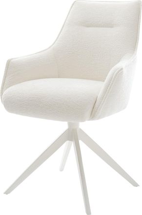 DELIFE Esszimmerstuhl Alja-Flex mit Armlehnen Kreuzgestell breit Wei&szlig; Boucl&eacute; Soft Beige 360&deg; drehbar Wippfunktion Taschenfederkern