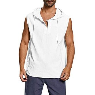 Generic Chemise d&eacute;t&eacute; en coton et lin pour homme - Haut dentra&icirc;nement en lin &agrave; capuche - D&eacute;bardeur uni en coton - Hauts de plage sans manches - Chemisier baggy