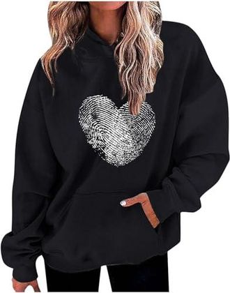 Generic Sweat à capuche décontracté pour femme - Imprimé coeur - Sweat à capuche surdimensionné à épaules tombantes - Avec poches - À porter au quotidien, Noi