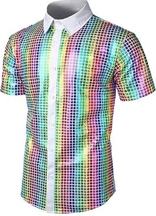 Generico Chemise disco pour homme avec paillettes D&eacute;guisement de f&ecirc;te &agrave; manches courtes pour Rave f&ecirc;te &agrave; th&egrave;me carnaval D&eacute;guisement de f&ecirc;te disco des ann&eacute;es 70