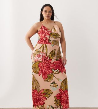 New Look Plus New Look Curve - Satin-Midikleid in blassem Korallenrot mit Wasserfallausschnitt und Blumenmuster-Orange