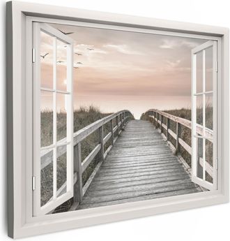 MuchoWow © Leinwand Bilder 80x60 cm Wanddeko Wohnzimmer Aesthetic Room Decor Deko Zimmer Wandbilder Moderne Bild auf Leinwand Fensterblick - Strand - Meer - So