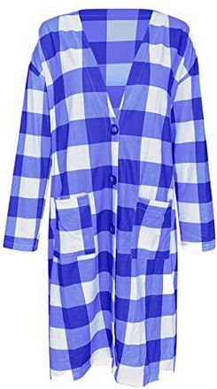 Generic 2026 Vestes pour femmes d&eacute;contract&eacute;es col en V boutonn&eacute; longue chemise &agrave; carreaux veste manteau, bleu, M