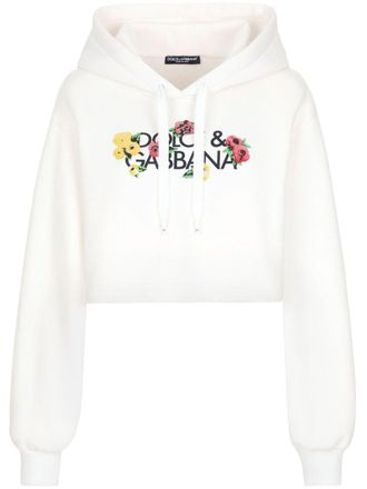 Dolce & Gabbana hoodie crop &agrave; logo floqu&eacute; - Blanc