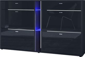 Vladon Schuhschrank Schuhkipper Today 155,5 x 95 x 28 cm, mit Blauer LED Beleuchtung, Made in Germany, Korpus in Schwarz matt, Fronten in Schwarz Hochglanz