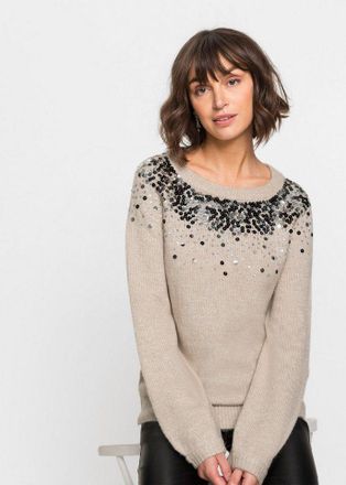 Bonprix Strickpullover mit bunten Pailletten, Raglan&auml;rmel, bequem, Rundhals-Ausschnitt