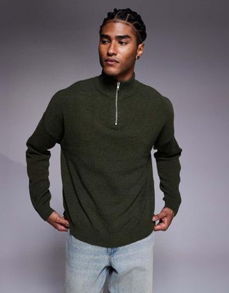 Asos Pull oversize en laine dagneau avec col zippé - Kaki chiné-Vert