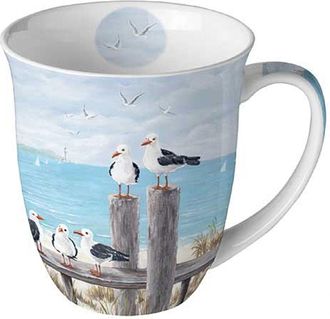 Ambiente Kaffeetasse Henkelbecher Teetasse Mug 0,4 l Fine Bone China Porzellan M&ouml;ven Meer Serie seagulls on the dock